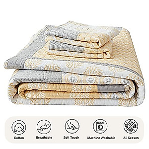 Finlonte Quilts Queen Size, 100% Cotton Lightweight Queen Quilt Set, Real-Patchwork Farmhouse Floral Quilted Bedspread, Yellow Grey White Reversible Soft Queen Quilt Bedding Set All Season, 3 Pieces