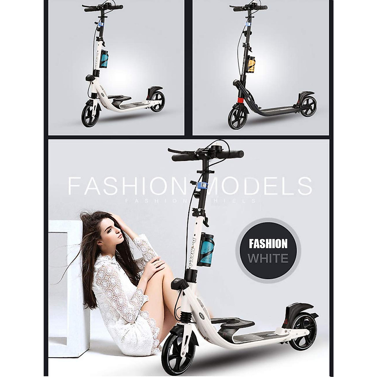 WRRAC-Trampolines Sport Pro Scooter Stunt Kick Scooters with Brake and Suspension Light Frame Big 200mm Wheel Durable Push Scooter for Adults, Kids and Teens, White