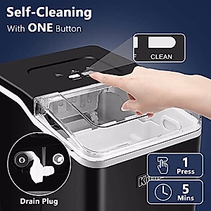 KUMIO Ice Makers Countertop, 9 Bullets Ready in 9 Mins, 26.5 Lbs/24 Hrs, Ice Machine with Self-Cleaning, Removable Ice Basket & Scoop, 2 Sizes of Bullet Ice for Kitchen Office Bar Party, Black