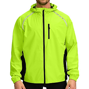 Men's Cycling Rain Jackets Waterproof Running Windbreaker Hooded Reflective Bike Hiking Biking Windproof Bicycle Riding(Fluorescent Yellow/Black,4XL)