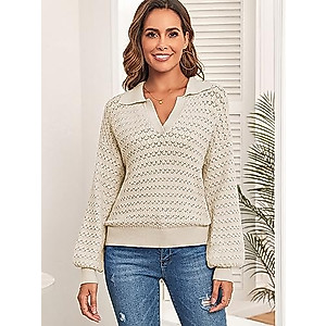 ZAFUL Women's Lapel Collar Sweater V Neck Lantern Sleeve Hollow Out Knit Polo Pullover Sweater Jumper (1-Apricot, L)