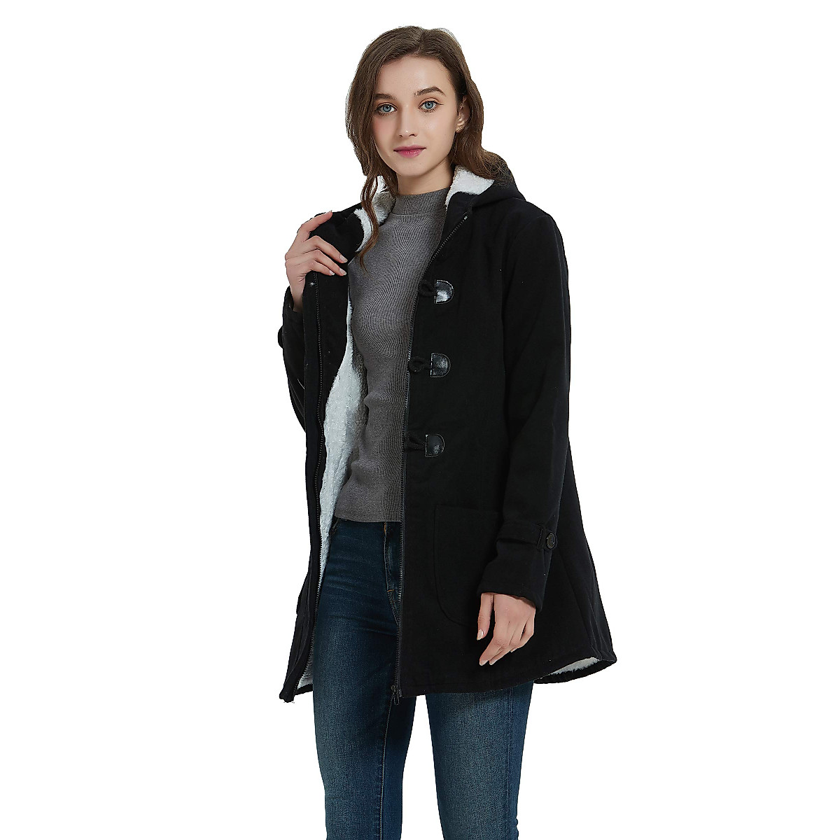 VOGRYE Womens Winter Fashion Outdoor Warm Wool Blended Classic Pea Coat Jacket (FBA) (2XL, Black2-Thicker)