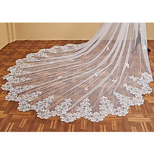 EllieWely Long Cathedral Length 2 Tier Sequin Lace Wedding Bridal Veil F09 3 M Ivory