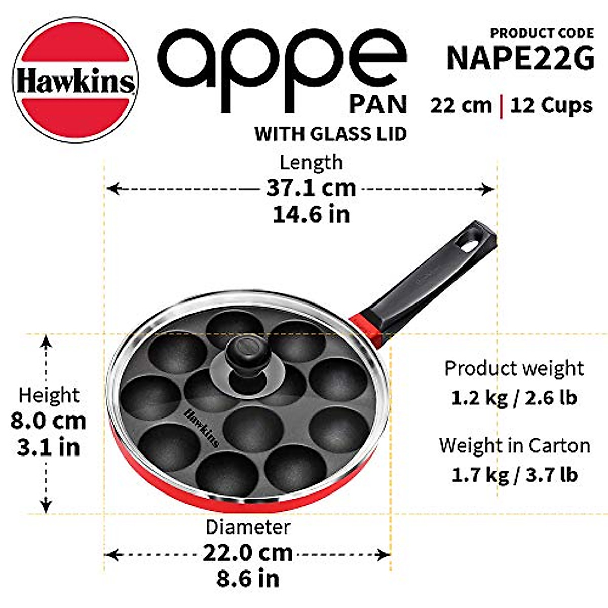 HAWKINS Nonstick Appe Pan with Glass Lid, 12 Cups, Diameter 22 cm, Black (NAPE22G), Standard