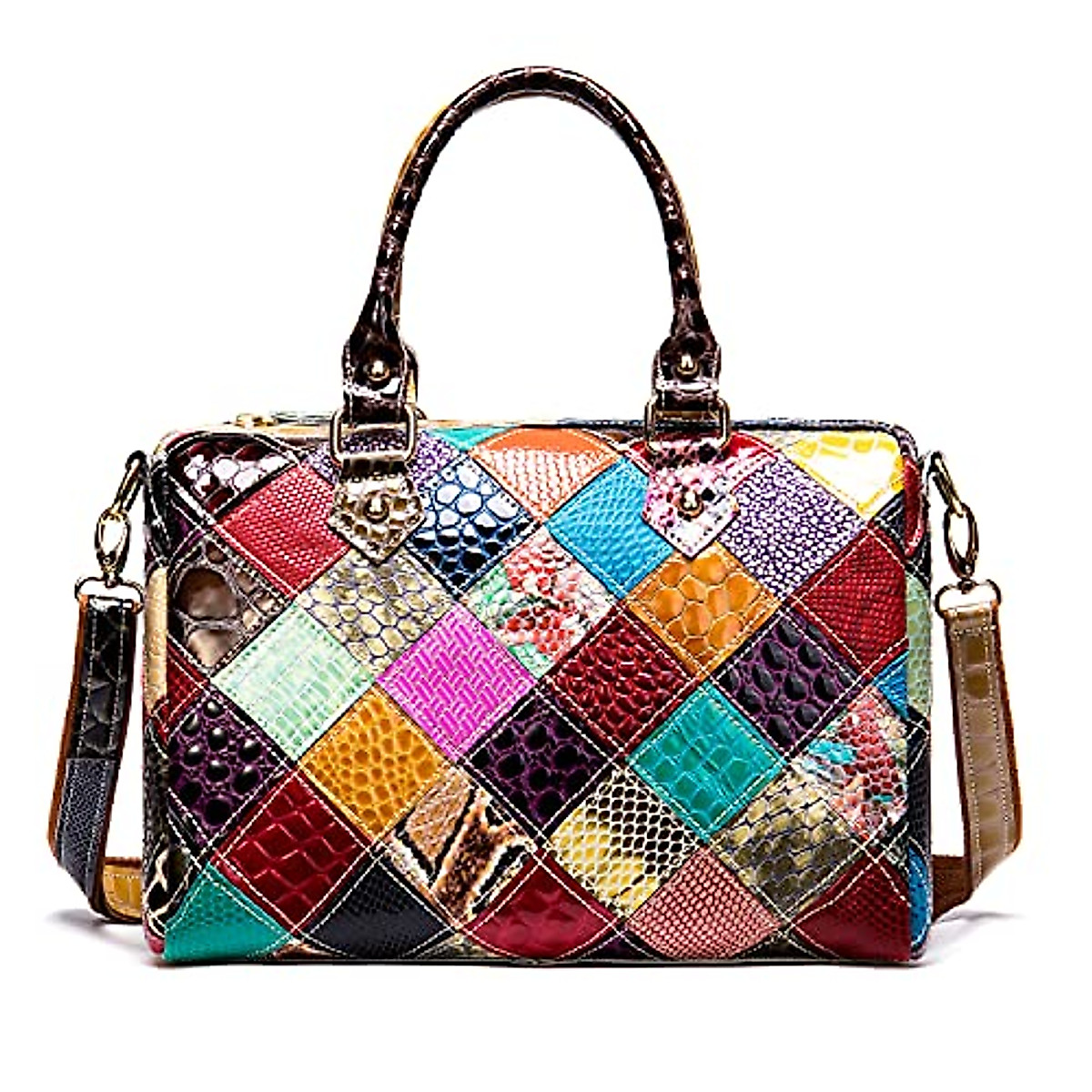 Women's Purses and Bags Multicolored, Genuine Leather Patchwork Tote Bag Large Capacity with A Detachable Shoulder Strap