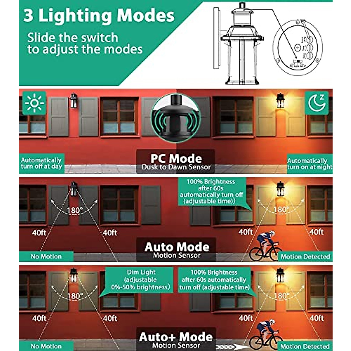 Motion Sensor Outdoor Lights, 3 Lighting Modes Porch Lights Fixture for House, Dusk to Dawn Exterior Wall Lights, Waterproof Aluminum Anti-Rust Lantern for Entryway, Bulb Not Included