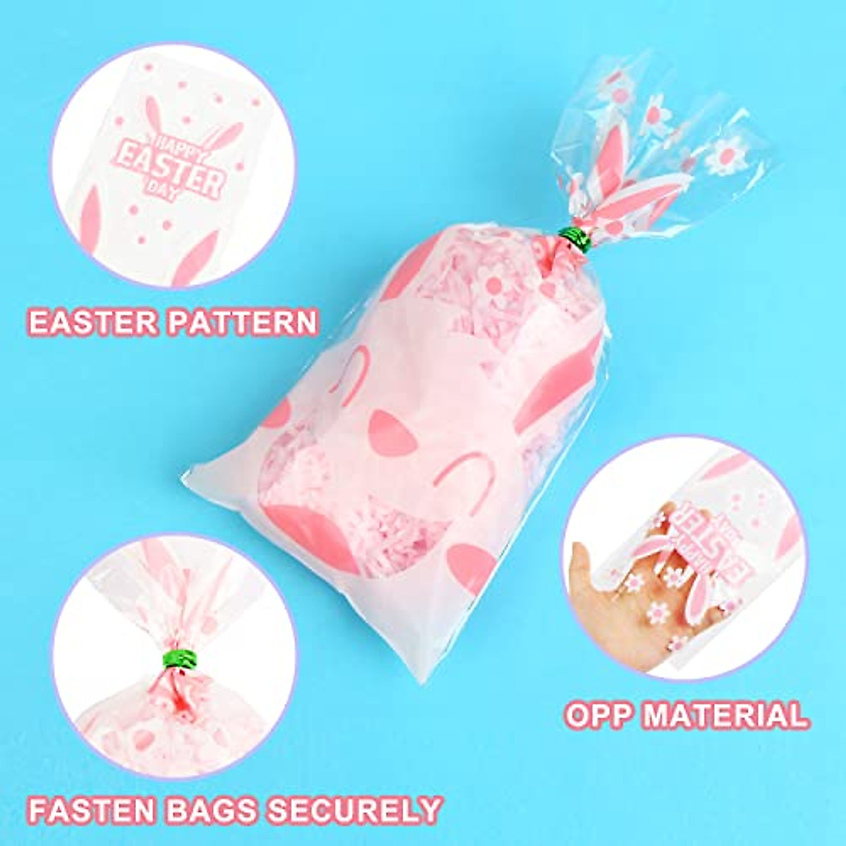LOMIMOS Easter Cellophane Treat Bags,Rabbit Candy Cookie Packing Bags with Twist Ties, 90pcs
