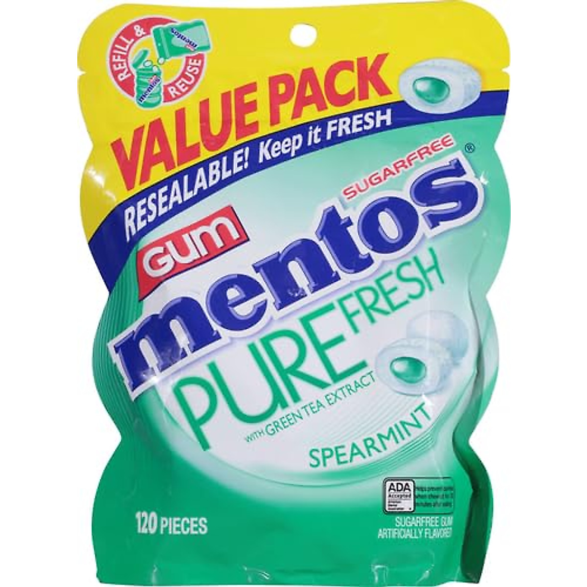Mentos Pure Fresh Sugar-Free Chewing Gum with Xylitol, Spearmint, 120 Piece Bulk Resealable Bag (Pack of 1)