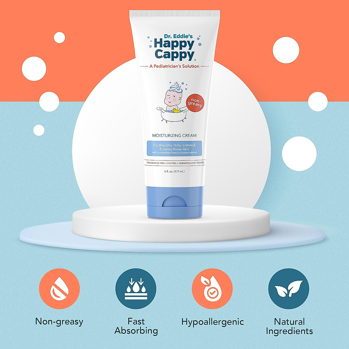 Happy Cappy Dr. Eddie's Moisturizing Cream - Baby Eczema Cream, Eczema Lotion for Kids, Pediatrician-Formulated, Gentle, Paraben Free, Hypoallergenic, Sulfate Free, Soothes Dry Skin - 6 Fl Oz