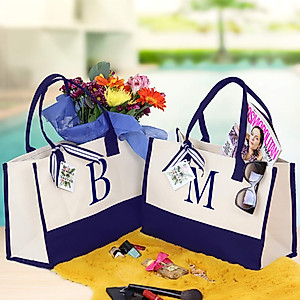 VANESSA ROSELLA Monogram Tote Bag with 100% Cotton Canvas and a Chic Personalized Monogram (Navy Block Letter - M)