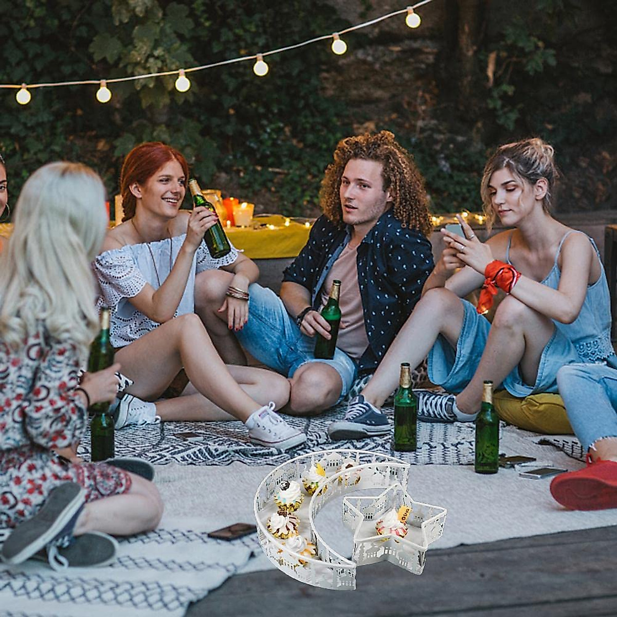 Ramadan Iron Tray Moon Star Shaped Eid Mubarak Dessert Tray for Wedding Party Festival Table Decor (White)