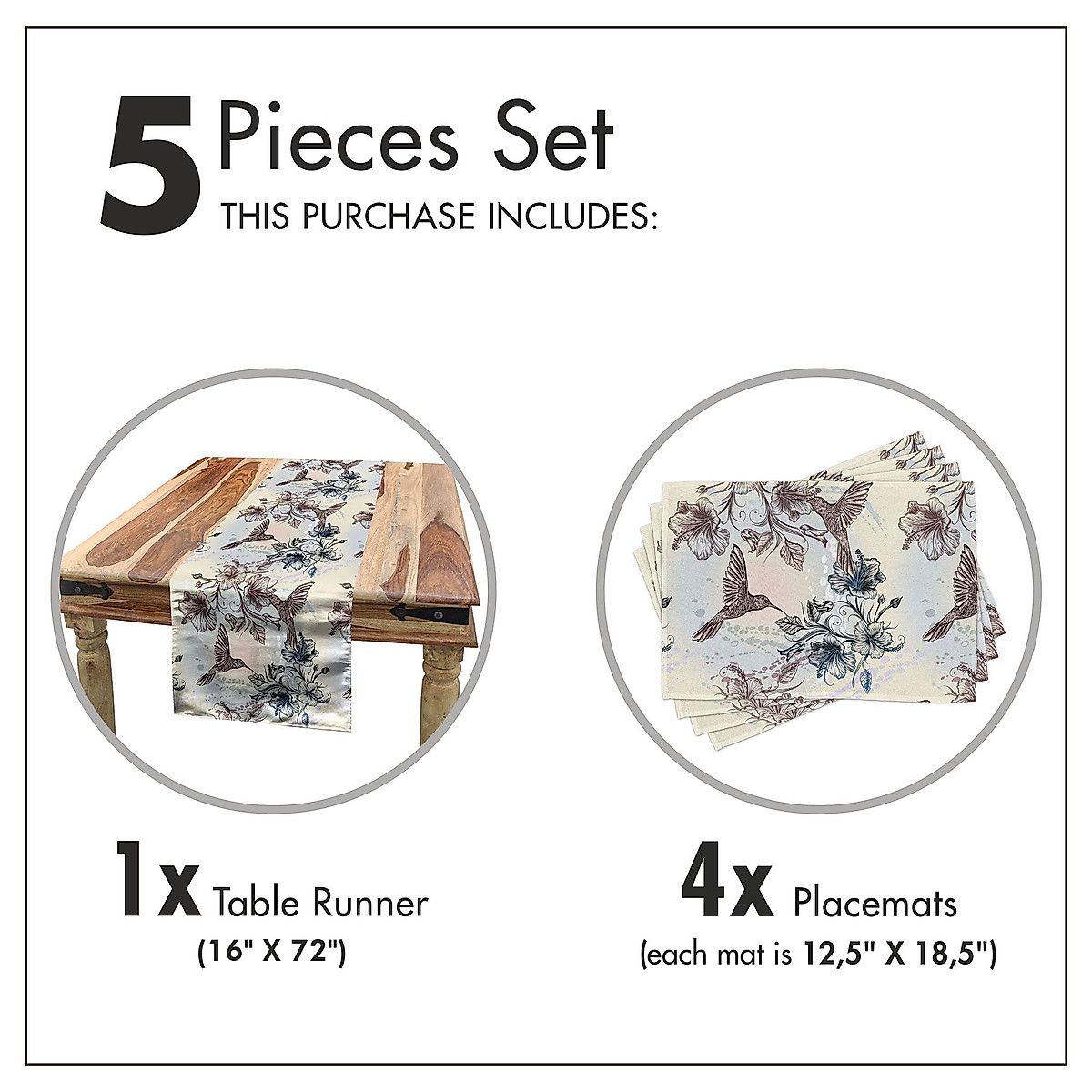 Ambesonne Hummingbird Table Runner & Placemats, Birds and Hibiscus Flowers Nostalgia Antique Design Classical Print, Set for Dining Table Decor, Placemat 4 pcs + Runner 16"x72", Teal Brown