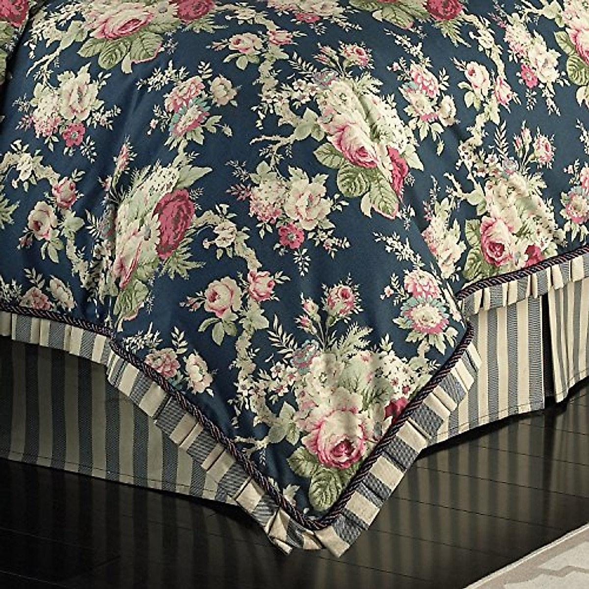 Waverly Sanctuary Rose Modern Farmhouse Floral 4-Piece Reversible Comforter Set, Queen, Heritage Blue