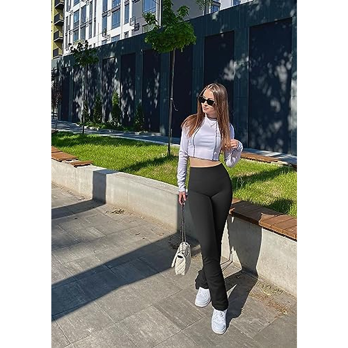 OQQ Women's 2 Piece Yoga Pants Ribbed Seamless Workout High Waist Athletic Straight Leg Leggings Black Darkbrown