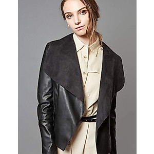 Escalier Women's Faux Leather Jackets Slim Open Front Lapel Blazer Jackets Black Medium