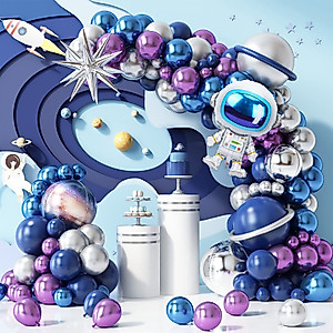 RUBFAC 116pcs Space Balloon Garland Arch Kit Space Birthday Decorations with Blue Purple Silver Galaxy Astronaut Foil Balloons for Boys Kids Space Themed Party Decoration Supplies Baby Shower