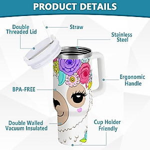 ODAWA 30 Oz Llama Floral Stainless Steel Vacuum Insulated Tumbler with Straw and Handle
