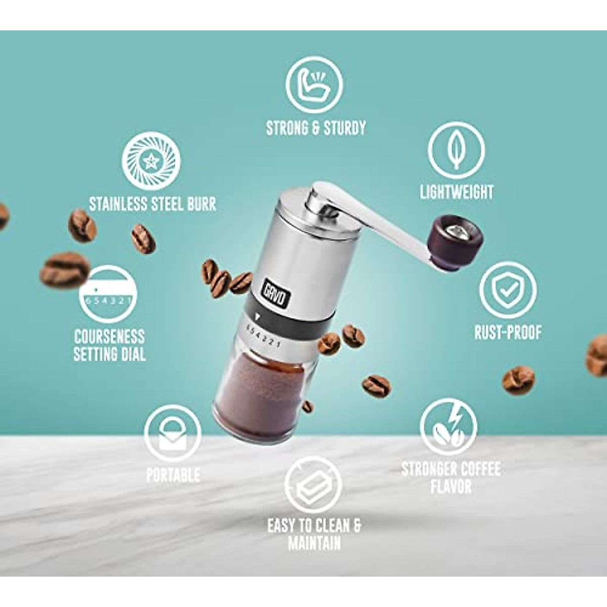 GAVO Manual Coffee Grinder with Stainless Steel Burr - Coffee Grinder Manual with Adjustable Settings for Aeropress, Drip Coffee, Espresso, French Press, Turkish Coffee & More!