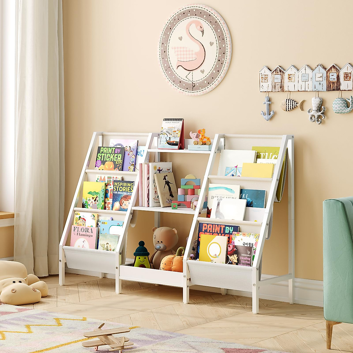 MAHANCRIS Kids Bookshelf and Toy Organizer, 3-Tier Kids Bookcase, Kids Sling Bookshelf, Toddler Toy Storage Organizer with Bookshelf, for Kids Room, Playroom, Bedroom, Nursery, White BKWT34201