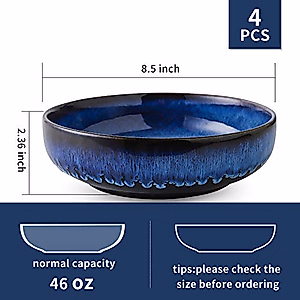 KOOV Ceramic Bowl, 46 OZ Pasta Bowls Set of 4, Large Salad Bowl Set, Large Bowl For Eating, Dinner Bowls, Stackable Serving Bowls, Reactive Glaze Series (Nebule Blue)