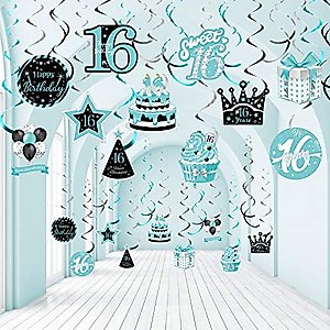 30 Pieces Birthday Hanging Swirl Decorations, Teal Silver Black Blue Turquoise Happy Birthday Foil Swirls Ceiling Decor for Girls Sweet Birthday Decorations Supplies (16th Style)