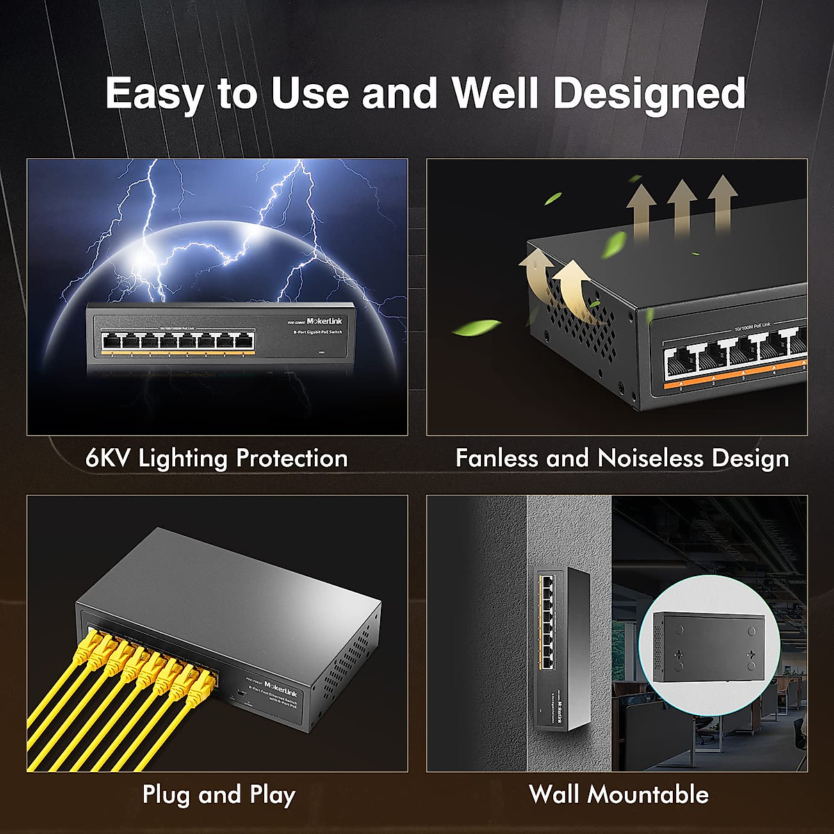 MokerLink 8 Port Gigabit PoE Switch, 8 PoE+ Ports 1000Mbps, 802.3af/at 120W, Metal Fanless Unmanaged Plug and Play