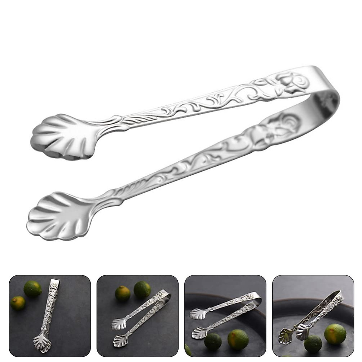 UPKOCH Ice Tong Sugar Cube Clip: Metal Sugar Tongs Vintage Rose Relief Stainless Steel Ice Cube Tong Small Food Clips for Appetizer Dessert Kitchen Silver