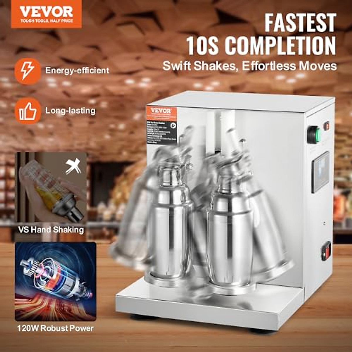 VEVOR Milk Tea Shaker, Electric Double Frame Milk Tea Shaker Machine, 0-180s Adjustable Milk Shake Mixer Machine with Double 750ML Stainless Steels Cups for Bubble Tea Boba Tea Juice Coffee Milk Wine