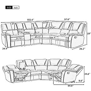 Modern Manual Reclining Motion Corner Sectional Sofa ,5 Seaters PU Leather Recliner Sofa & Couch Curved L-Shaped Couch W/ LED Strip, Console Storage and 2 Cup Holders for Living Room Furniture Sets