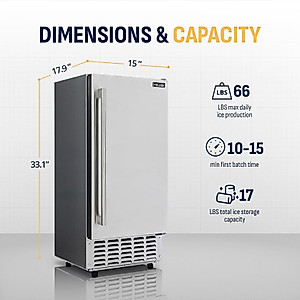 Newair 15" Undercounter Nugget Ice Maker, Pebble Ice Maker Producing 66 lbs. Daily, Built-in or Freestanding in Stainless Steel, Sonic Ice Makers for Home, Bar, Restaurant