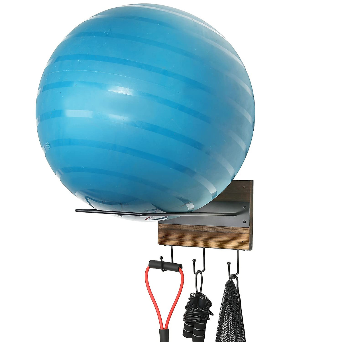 MyGift Wall Mounted Exercise Ball Storage Rack with 3 Bottom Hooks, Rustic Solid Burnt Wood and Matte Black Metal Hanging Yoga Gym Equipment Organizer Holder