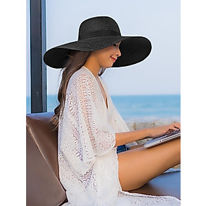 Beach Hats for Women, Wide Brim Sun Straw Hat Foldable Summer Floppy Hat UV Protection Cap Black