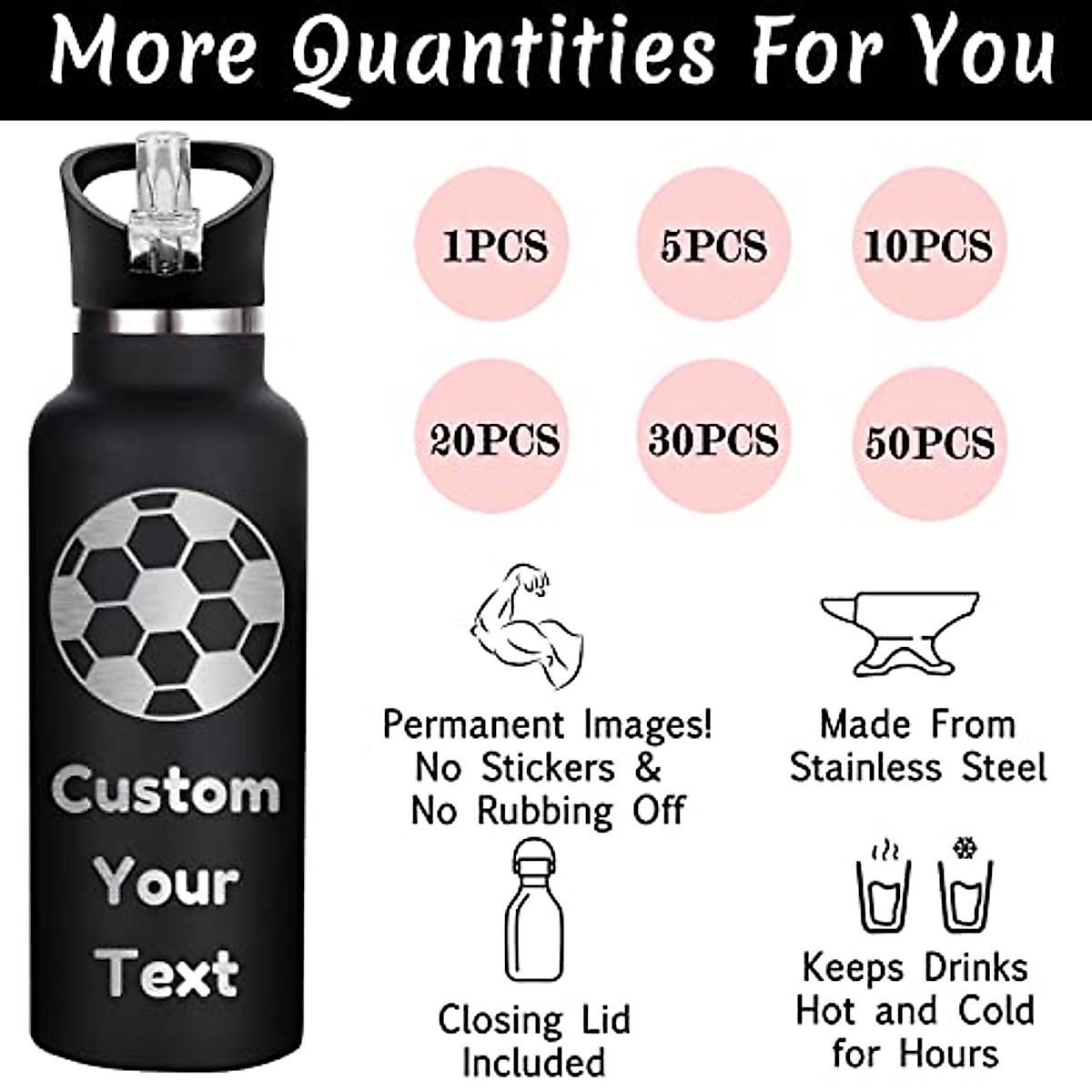 YAEILOV Personalized Water Bottles with Straw Lid Bulk Engraved Custom Insulated Metal Sports Bottle with Name and Text for Dad Gifts-Rose pink(30 Icons,7 Colors,12oz/26oz)