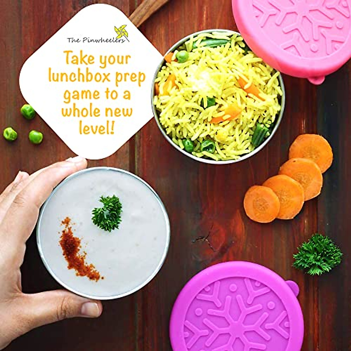 The Pinwheelers - 2 Storage Containers With Lids + 1 Insulated Bag, Food Storage Container for Mini Food, Adults & Kids Snack Container for Christmas Cookies/Christmas Candy, 220 mL, Yellow Gray Bag