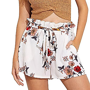 Fashion Beach Shorts ,THENLIAN Women Print Casual Belt Loose Hot Pants Lady Summer Shorts (L, White)
