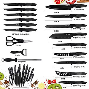 Kitchen Knife Set, KOTLIE 19-Pieces Dishwasher Safe Knife Set with Acrylic Stand, High Carbon Stainless Steel Chef Knife Set with Scissors, 6x Serrated Steak Knives, Peeler and Knife Sharpener