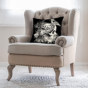 Halloween Decoration Pillow Covers 20x20 Inch Skull Black White Pillow Cases Death Skeleton Floral Bird Crow Modern Urban Retro Hand Drawn Pattern Cushion Covers Decorative Pillows for Home Room Sofa