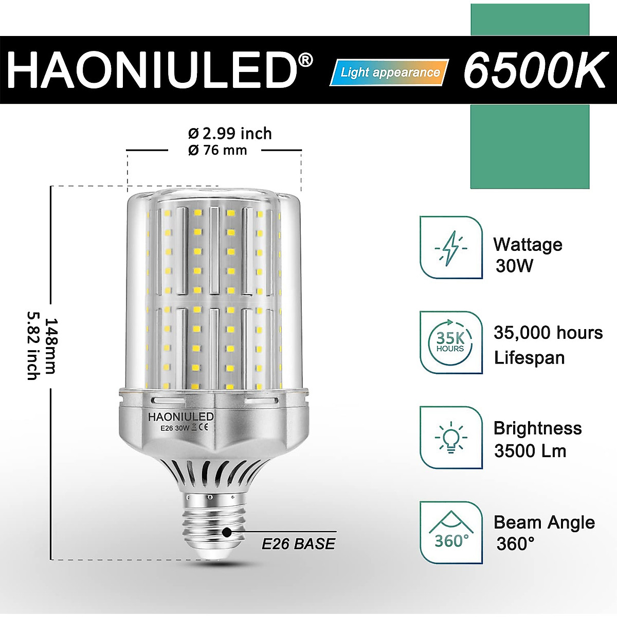 HAONIULED E26 30W LED Light Bulbs 250W Equivalent 3500 Lumen 30W E26 Base 6500K Cool Daylight White Non-dimmable Ceiling Fan Corn Lighting for Home Garage Warehouse Indoor LED Corn Bulbs Pack of 2