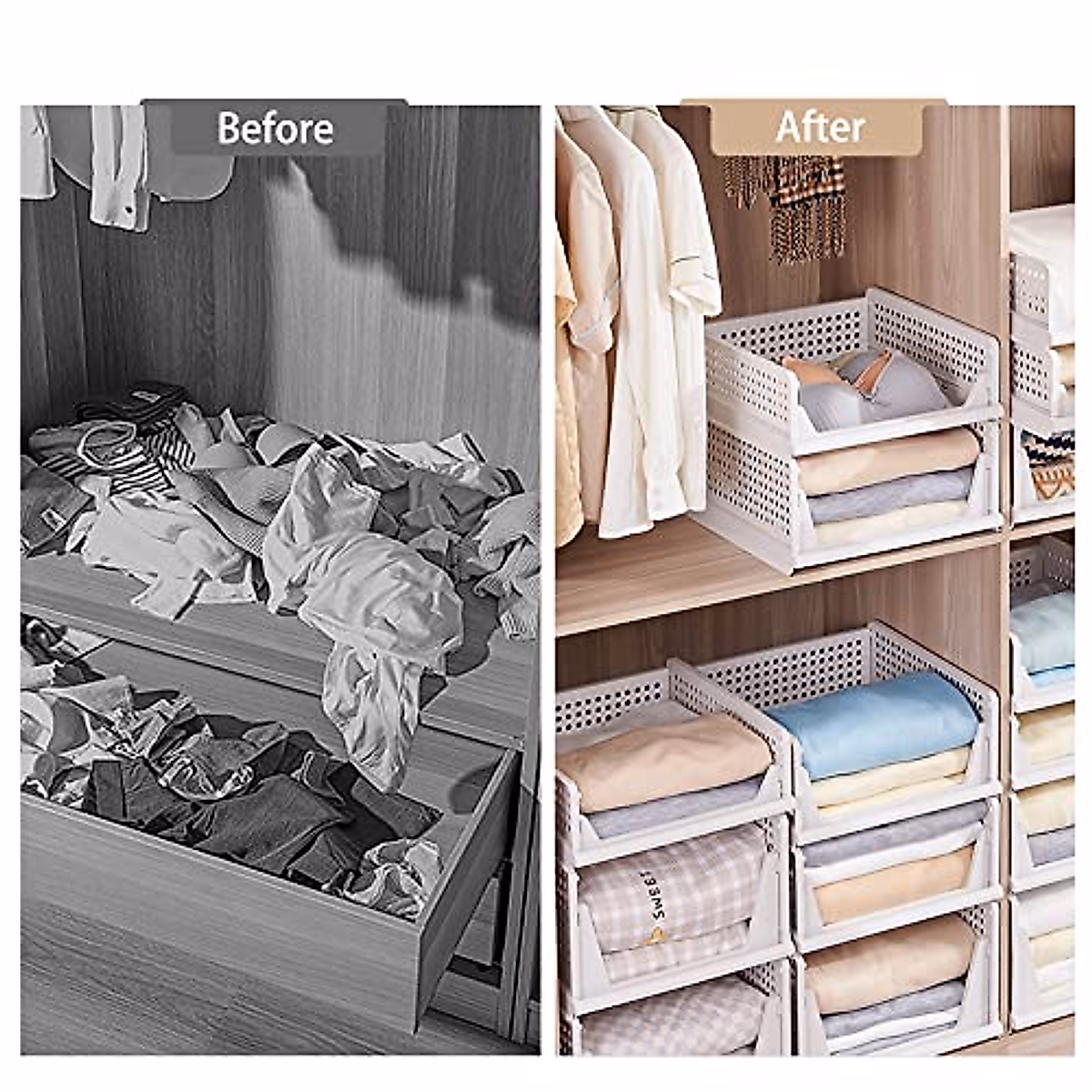 WDPUCHU Stackable Plastic Storage Basket-Foldable Closet Organizers and Storage Bins - Drawer Shelf Storage Container for Wardrobe Cupboard Kitchen Bathroom Office (White Small-4 Pack)