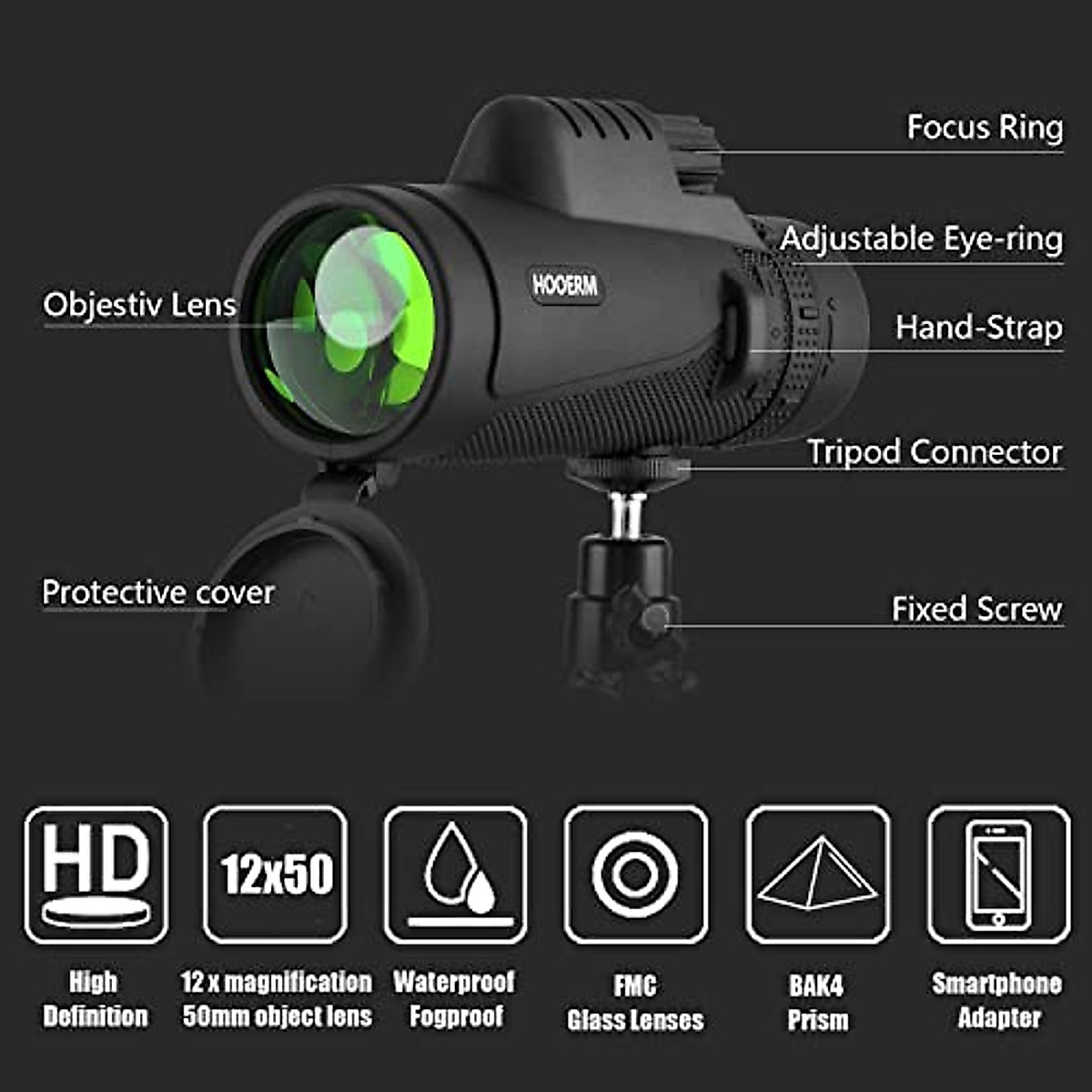 Hooerm HD Monocular Telescope for Smartphone, 12X50 High Powered Monoculars for Adults Kids with Clear Low Light Vision- Ideal for Bird Watching, Hunting, and Outdoor Activities, Upgraded