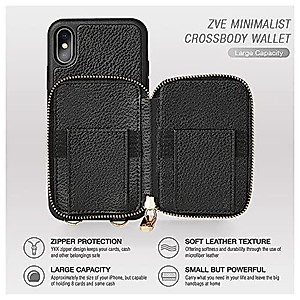 ZVE Case for Apple iPhone Xs and X, 5.8 inch, Wallet Case with Crossbody Chain Strap Credit Card Holder Slot Zipper Shoulder Handbag Purse Wrist Strap Case Cover for Apple iPhone X and XS - Black