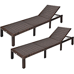 2PCS Outdoor Patio PE Rattan Chaise Lounge Lounger Recliner Chair Sunbathing Bed Soft Non-Woven Cushion With Zipper 6 Level Adjustable Backrest Steel Frame Ideal For Garden Deck Backyard Pool Side Use
