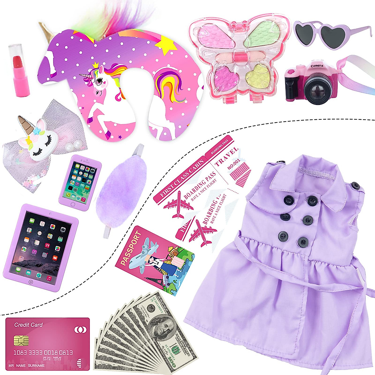 BDDOLL 25 Pcs American Clothes Accessories - Travel Suitcase Play Set for 18 Inch Doll with Clothes, Suitcase, Camera, Phone, Sungasses, Makeup Toy