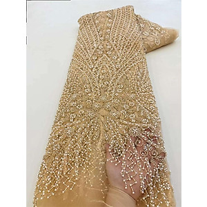 Elegant Beaded Fabric with Pearls and Sequins Perfect for Formal Dresses and Gowns (Yellow,5yards)