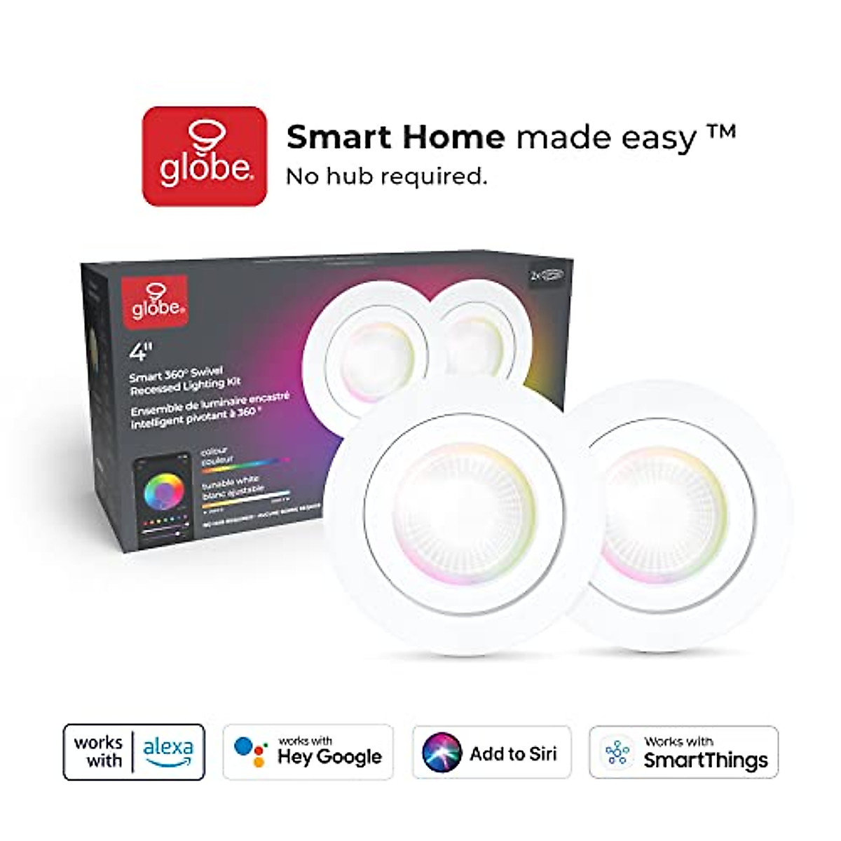 Globe Electric 50467 Wi-Fi Smart 4" Swivel LED Recessed Lighting Kit 2-Pack, No Hub Required, Voice Activated, 9 W, Multicolor Changing RGB, Tunable White 2000K - 5000K, 540 Lumens, Wet Rated