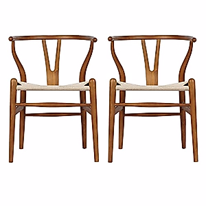 VODUR Wishbone Chair Natural Solid Wood Dining Chair/Hans Wegner Y-Shaped Backrest Hemp Seat Dining Room Chairs Set of 2, Mid-Century Rattan Dining Chair in Walnut (Ash Wood - Walnut)