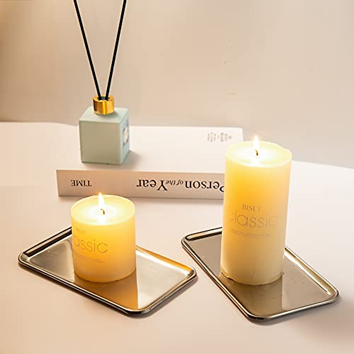 IMEEA Small Vanity Tray Rectangle Satinless Steel Little Jewelry Tray Bathroom Tray Storage Organizer Makeup Cosmetic Organizer Trays, 8 x 4.6 inch