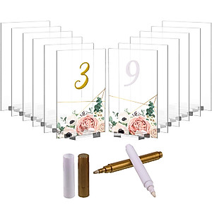 Blulu 12 Packs 5 x 7 Inch Clear Blank Acrylic Sign with Stands White and Gold Pen Set Acrylic Wedding Signs Blank with Holder Menu Table Number Display Picture Stand for Wedding Restaurant Party
