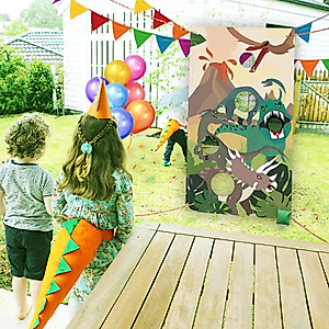 Dinosaur Toss Games Banner, Realistic Dino Party Cornhole Game with 5 Bean Bags for Kids Boys Birthday Outdoor Games Family Gathering Party Supplies