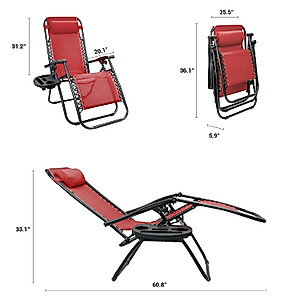 Kemon Zero Gravity Folding Lounge Outdoor Patio Adjustable Reclining Chair with Pillows and Cup Holders for Beach Set of 2, Red